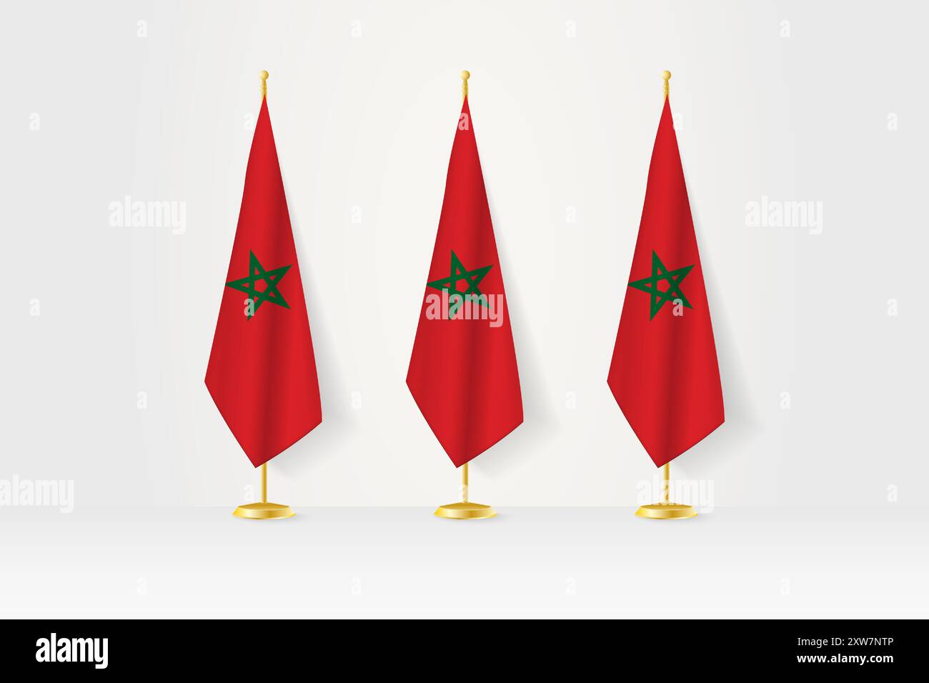 Three Morocco flags in a row on a golden stand, illustration of press ...