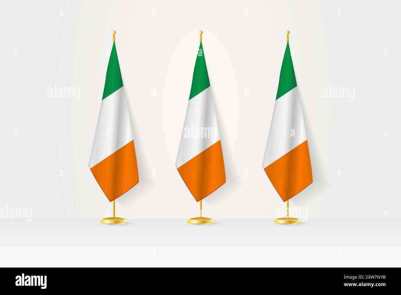Three Ireland flags in a row on a golden stand, illustration of press ...