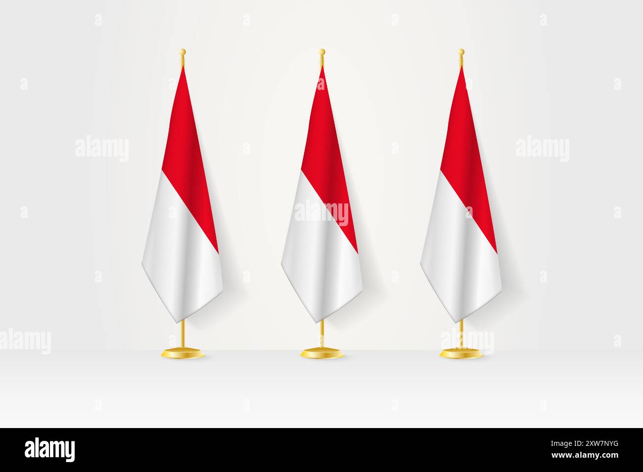 Three Monaco flags in a row on a golden stand, illustration of press ...