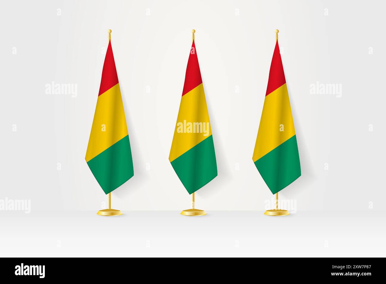 Three Guinea flags in a row on a golden stand, illustration of press ...