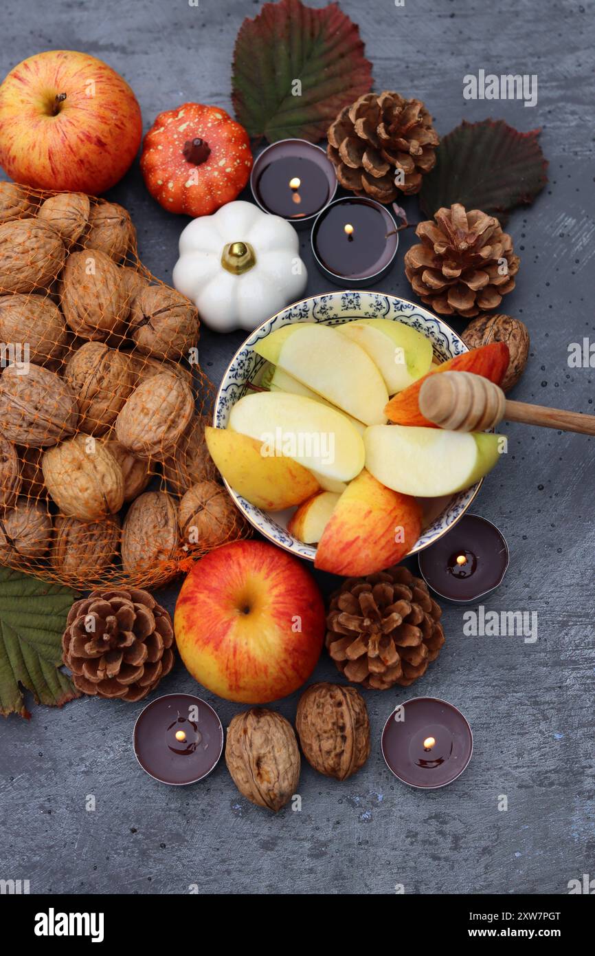 Apples and honey, Jewish new year's symbols top view photo. Rosh ...