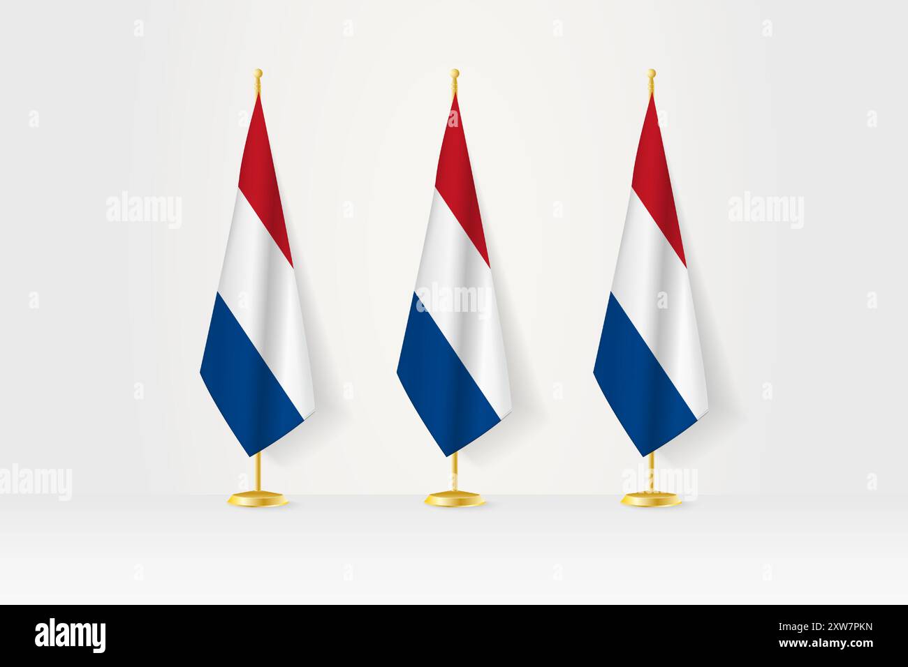 Three Netherlands flags in a row on a golden stand, illustration of ...