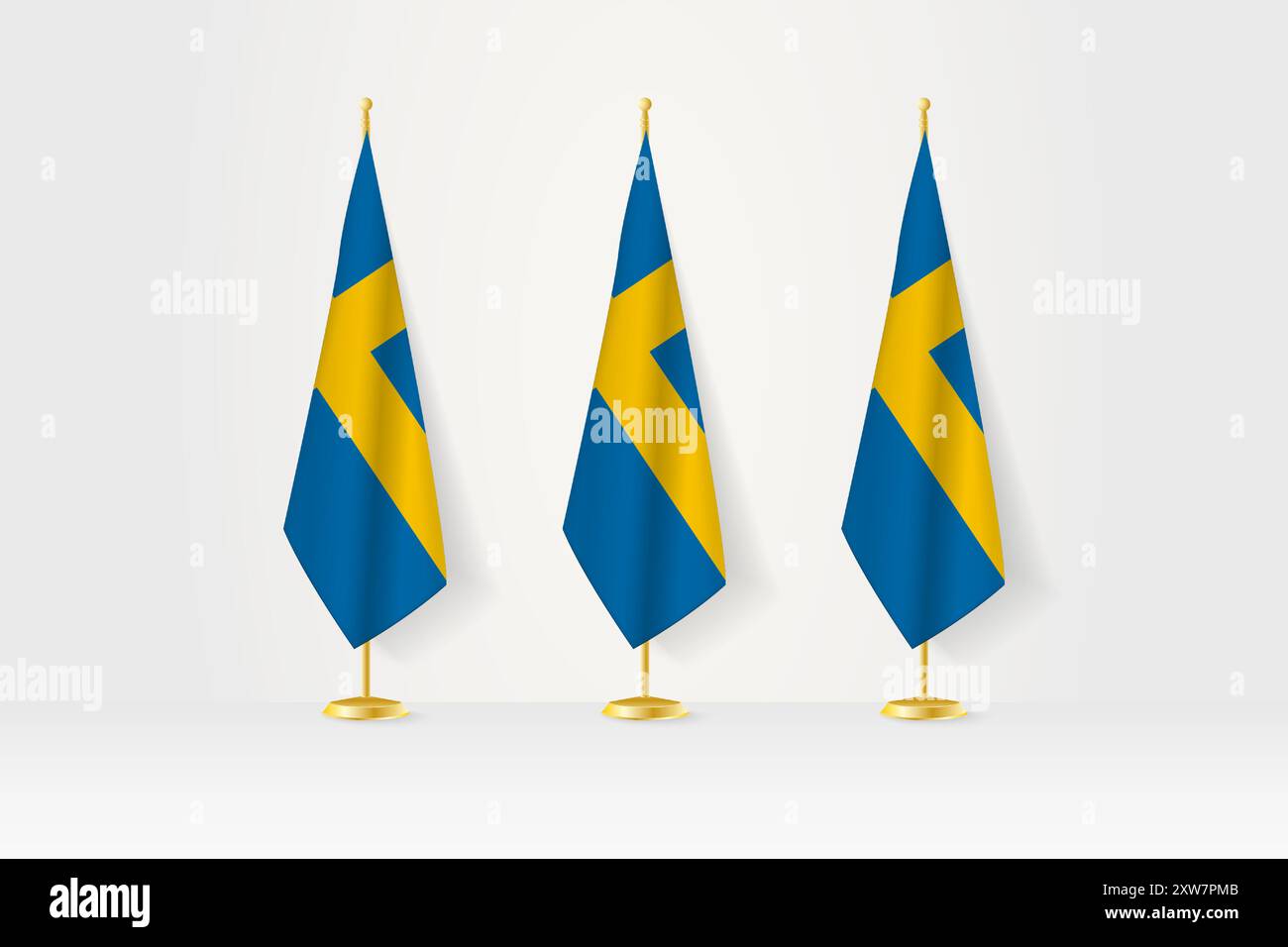 Three Sweden flags in a row on a golden stand, illustration of press ...