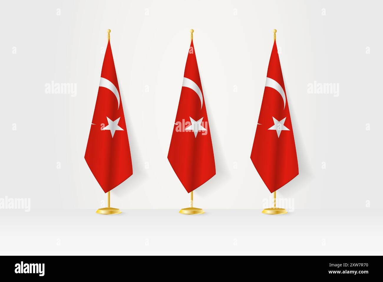 Three Turkey flags in a row on a golden stand, illustration of press ...