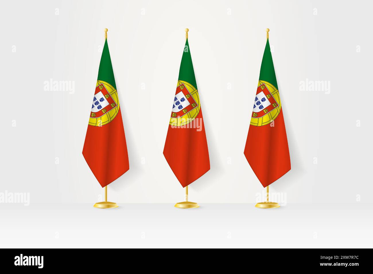 Three Portugal flags in a row on a golden stand, illustration of press ...