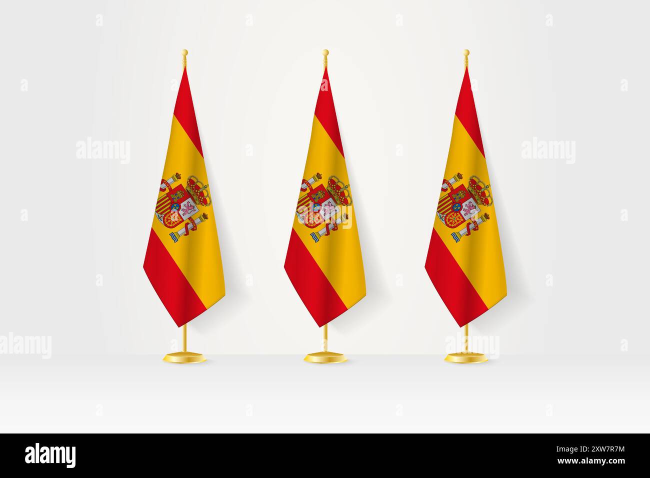 Three Spain flags in a row on a golden stand, illustration of press ...