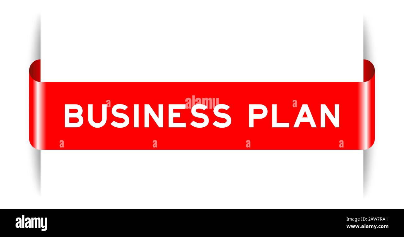 Red color inserted label banner with word business plan on white ...