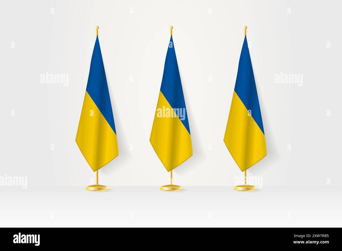 Three Ukraine flags in a row on a golden stand, illustration of press ...