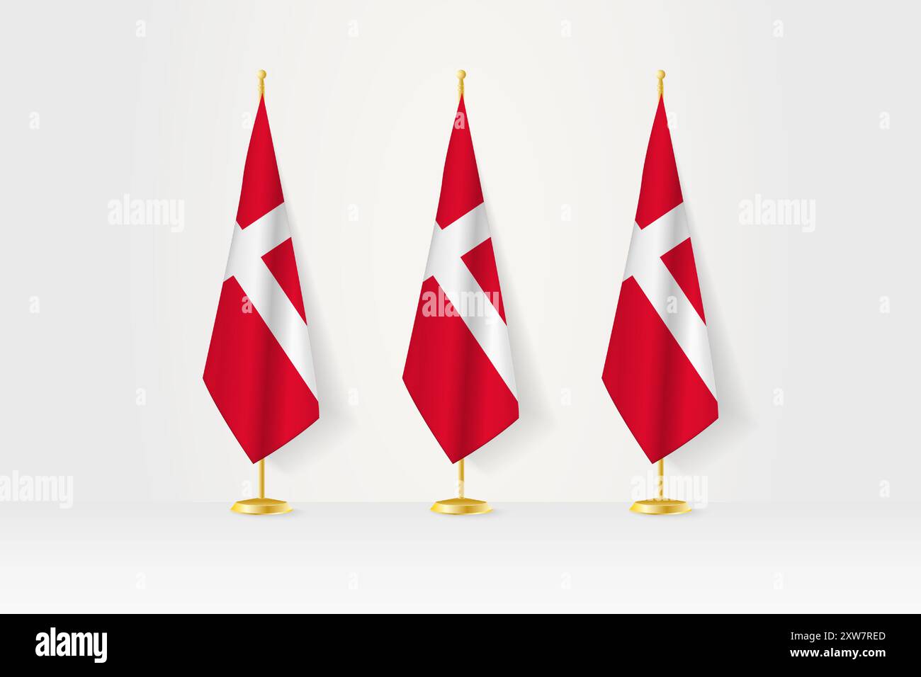 Three Denmark flags in a row on a golden stand, illustration of press ...