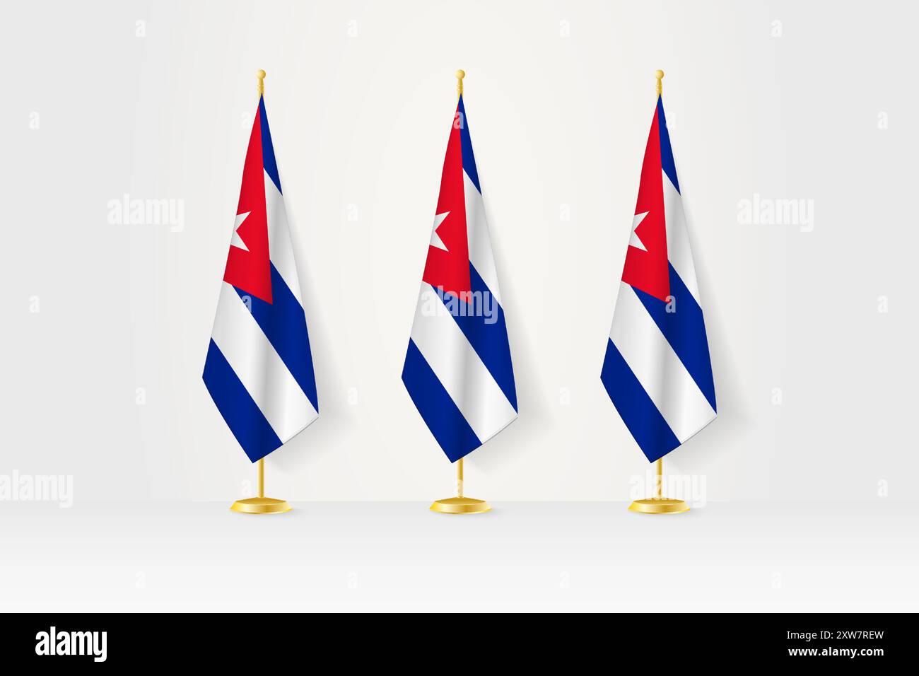 Three Cuba flags in a row on a golden stand, illustration of press ...