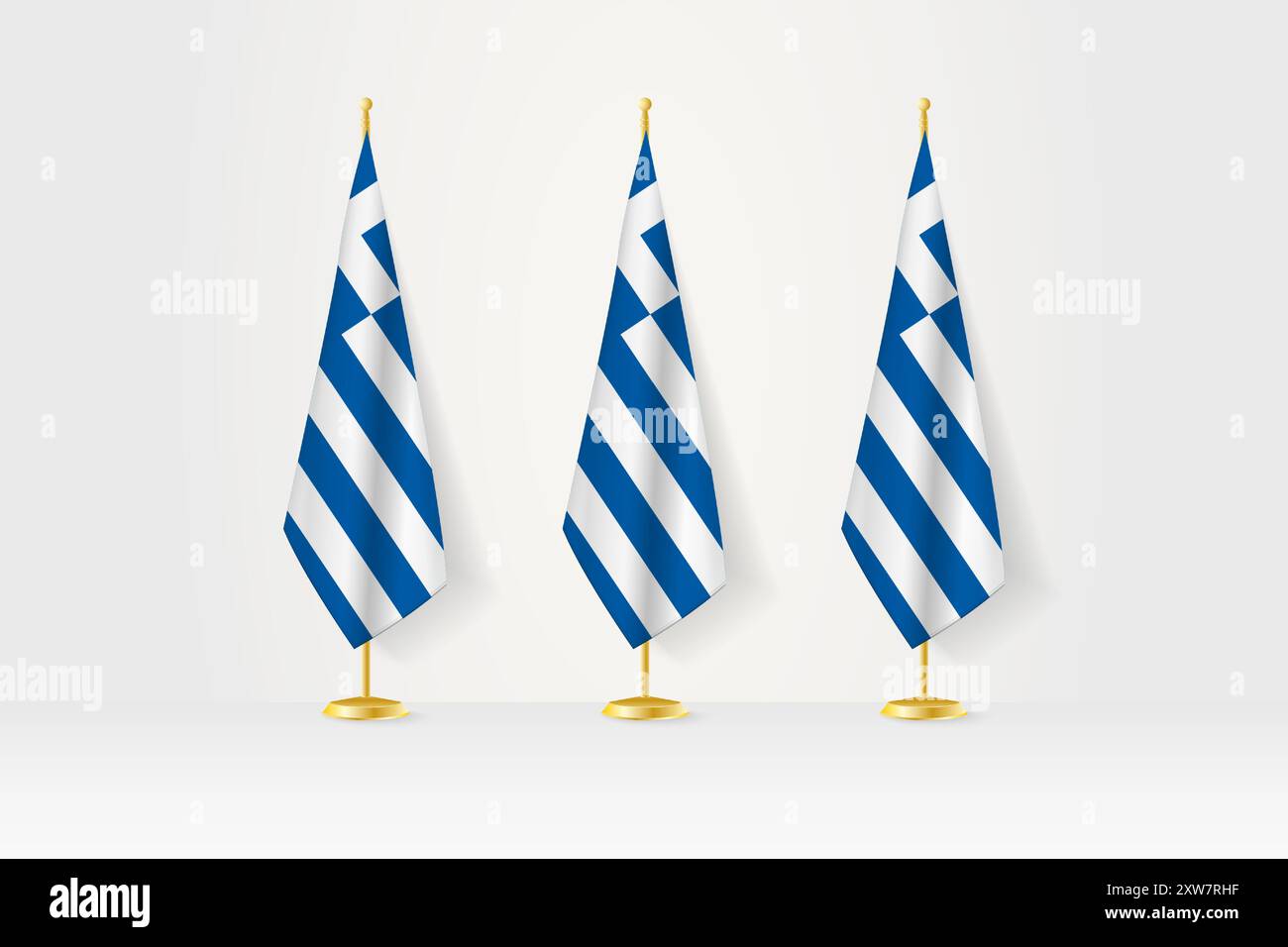 Three Greece flags in a row on a golden stand, illustration of press ...
