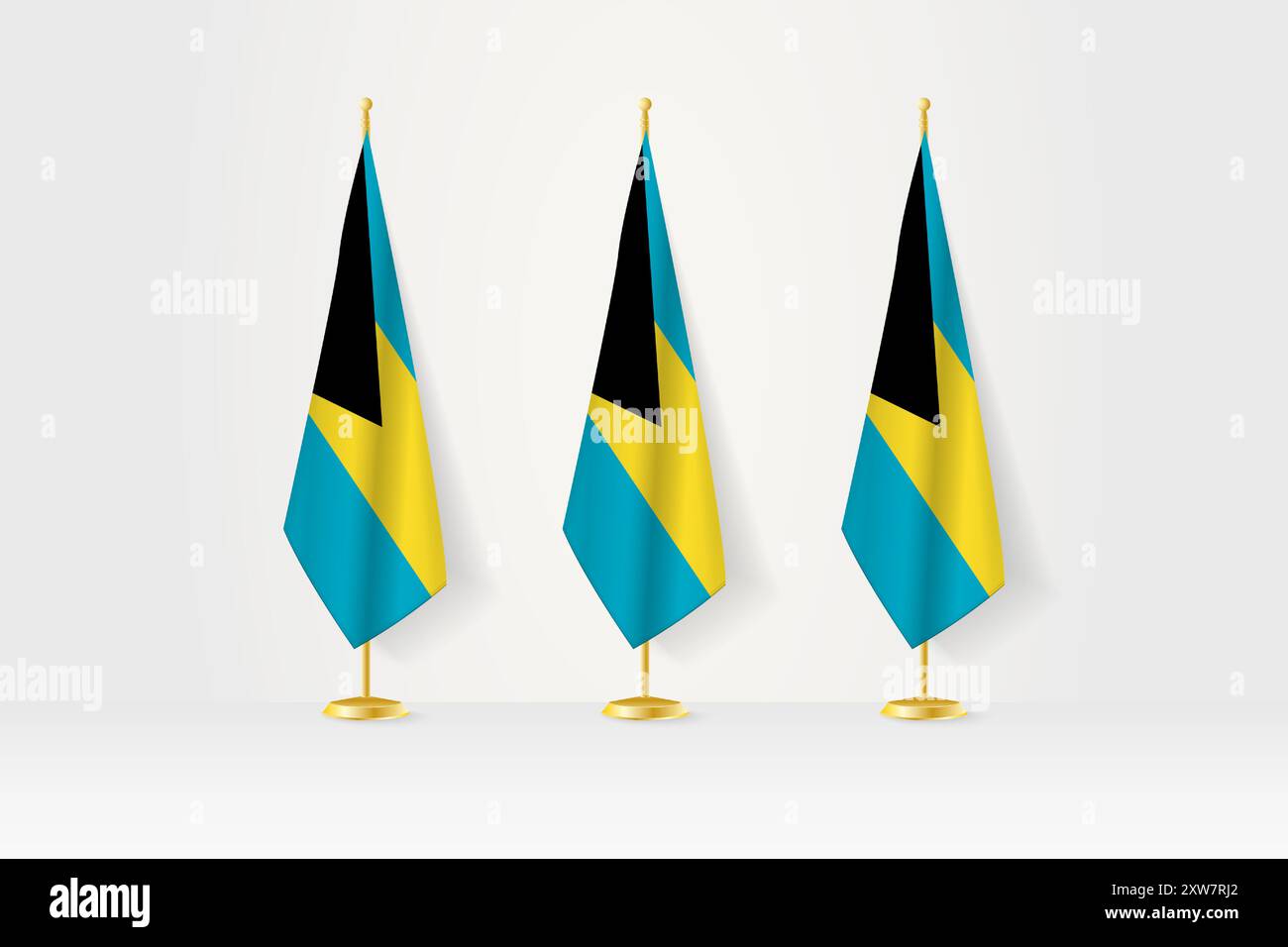 Three The Bahamas flags in a row on a golden stand, illustration of press conference and other ...