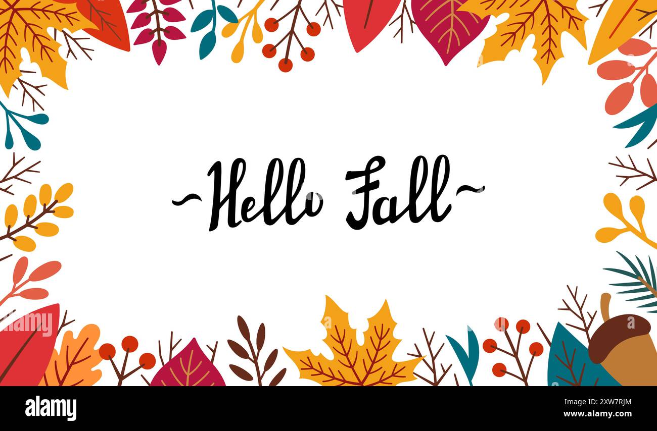 Autumn square frame. Hello Autumn lettering. Fall foliage frame in ...