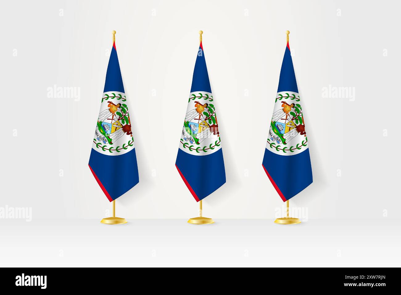 Three Belize flags in a row on a golden stand, illustration of press ...
