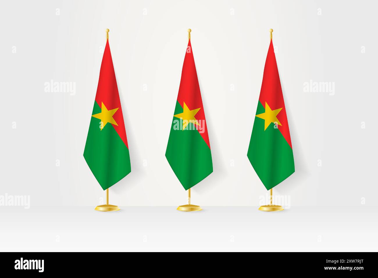 Three Burkina Faso flags in a row on a golden stand, illustration of ...