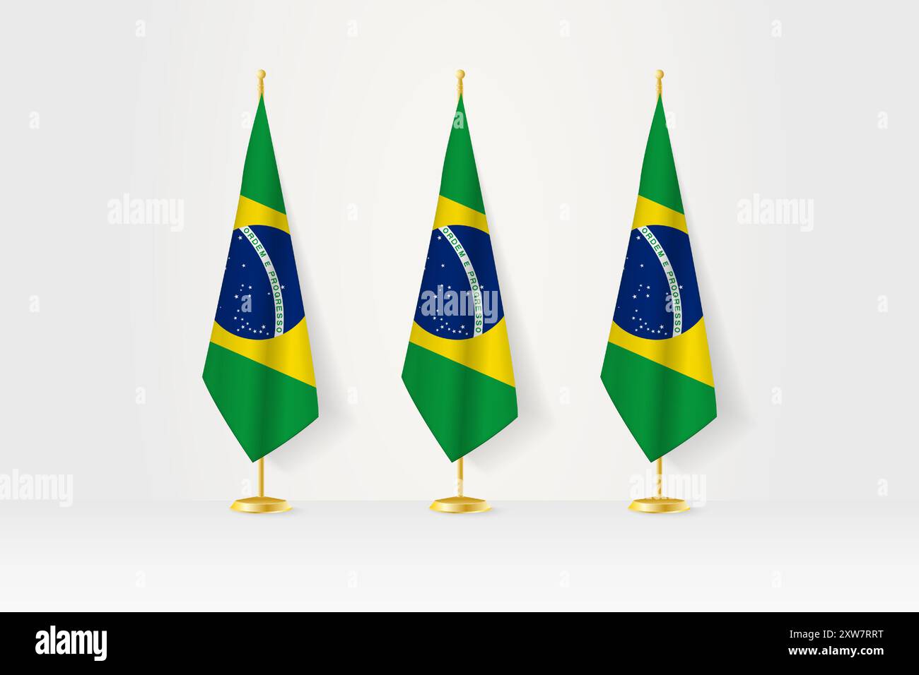 Three Brazil flags in a row on a golden stand, illustration of press ...