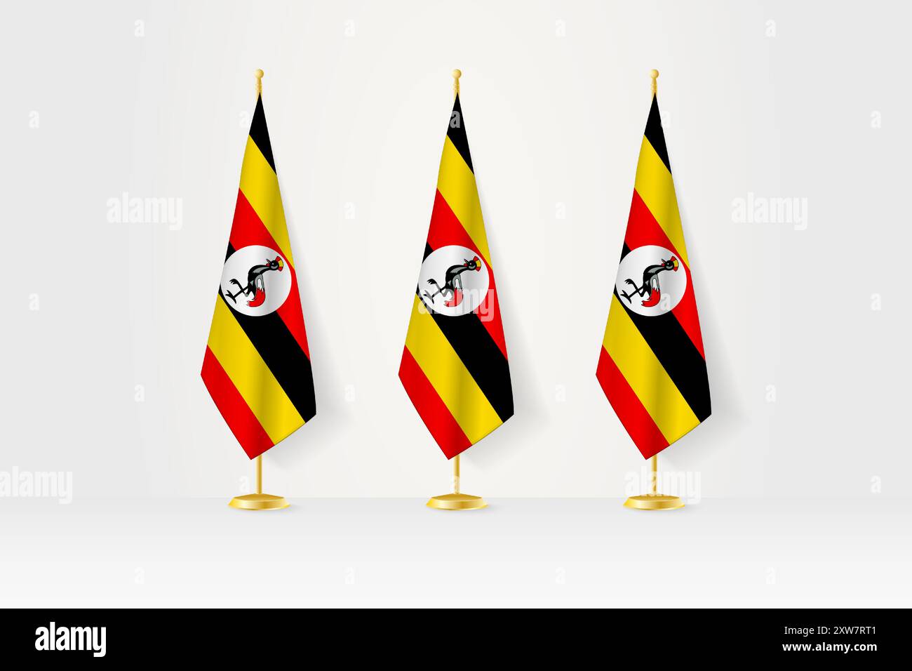 Three Uganda flags in a row on a golden stand, illustration of press ...