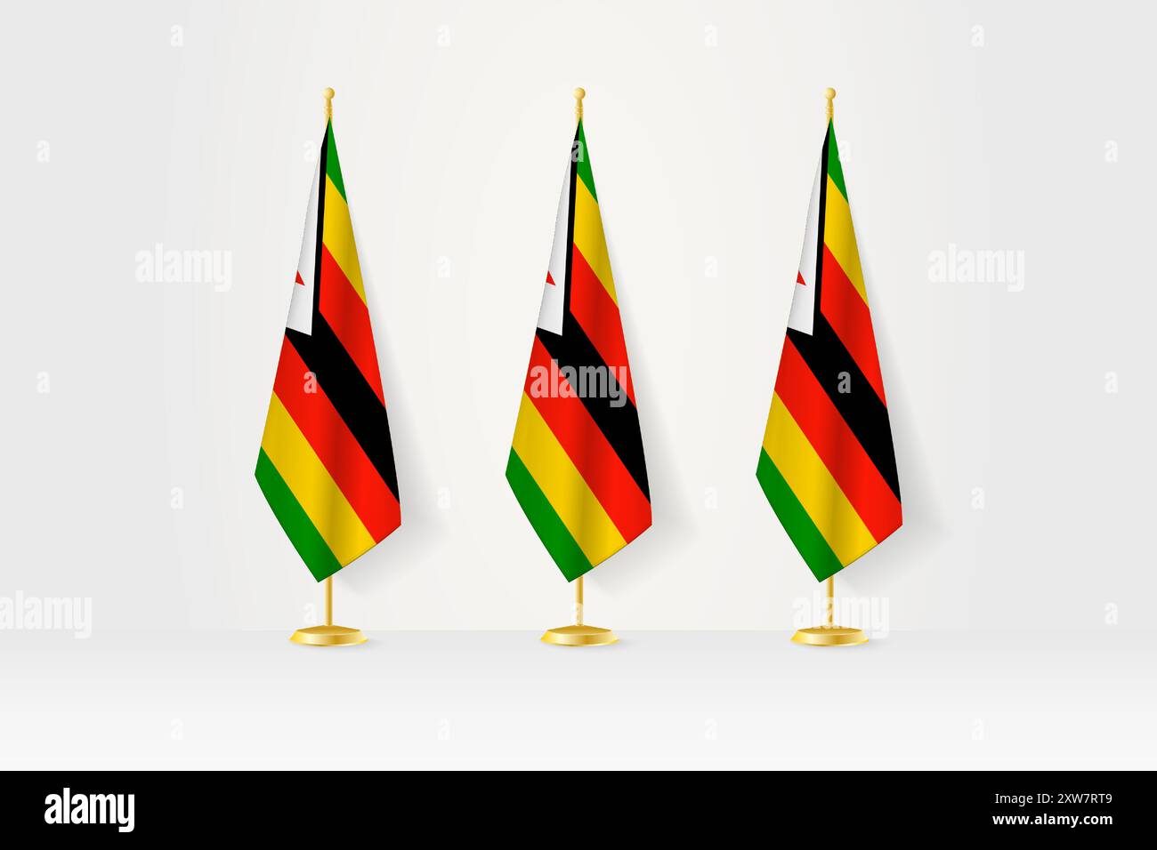 Three Zimbabwe flags in a row on a golden stand, illustration of press ...