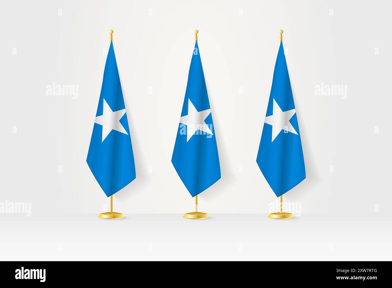 Three Somalia flags in a row on a golden stand, illustration of press ...