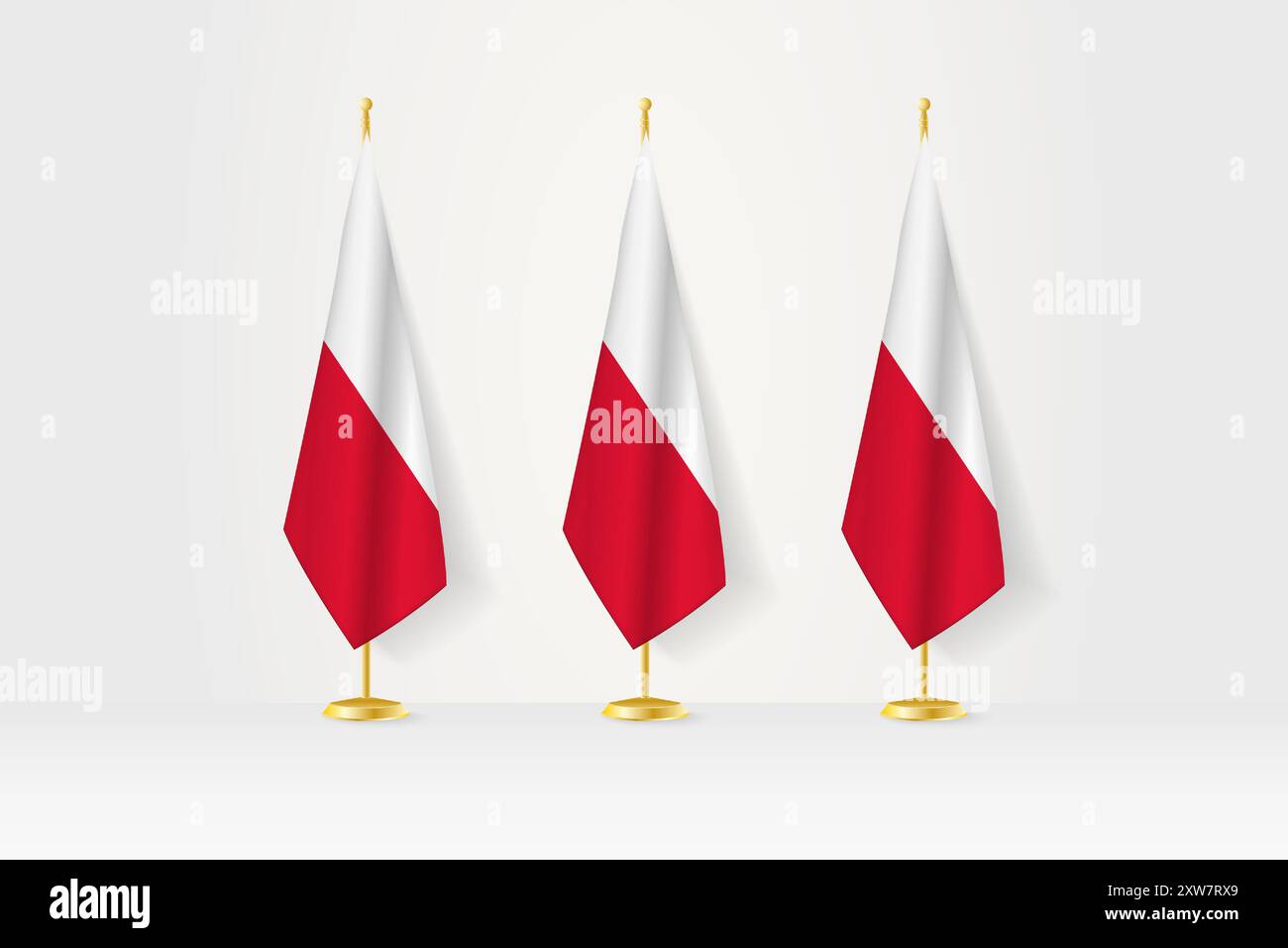 Three Poland flags in a row on a golden stand, illustration of press ...