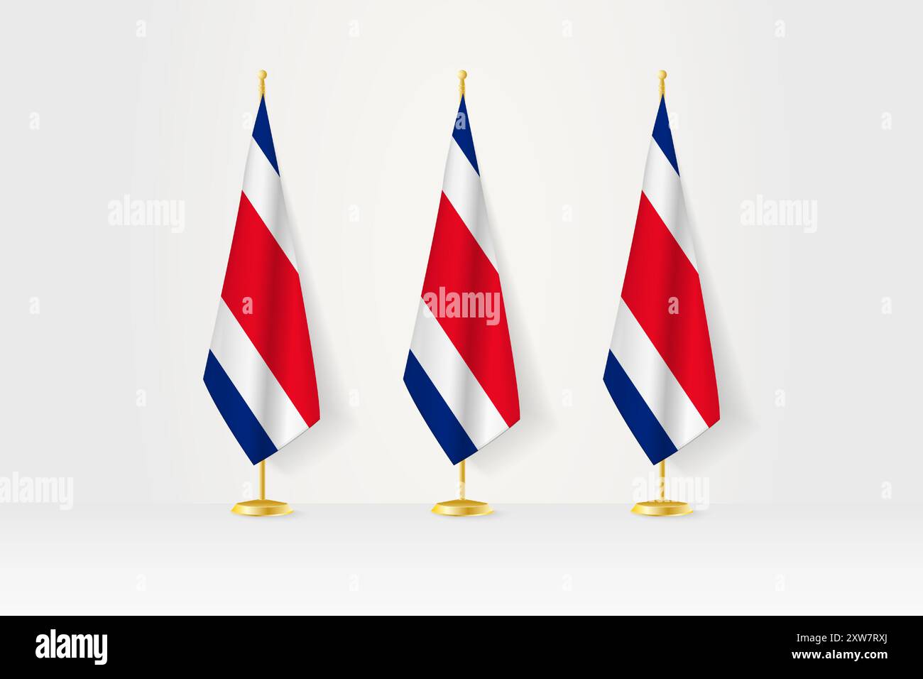 Three Costa Rica flags in a row on a golden stand, illustration of ...