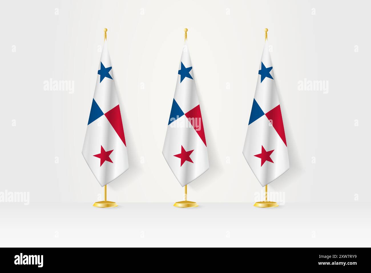 Three Panama flags in a row on a golden stand, illustration of press ...