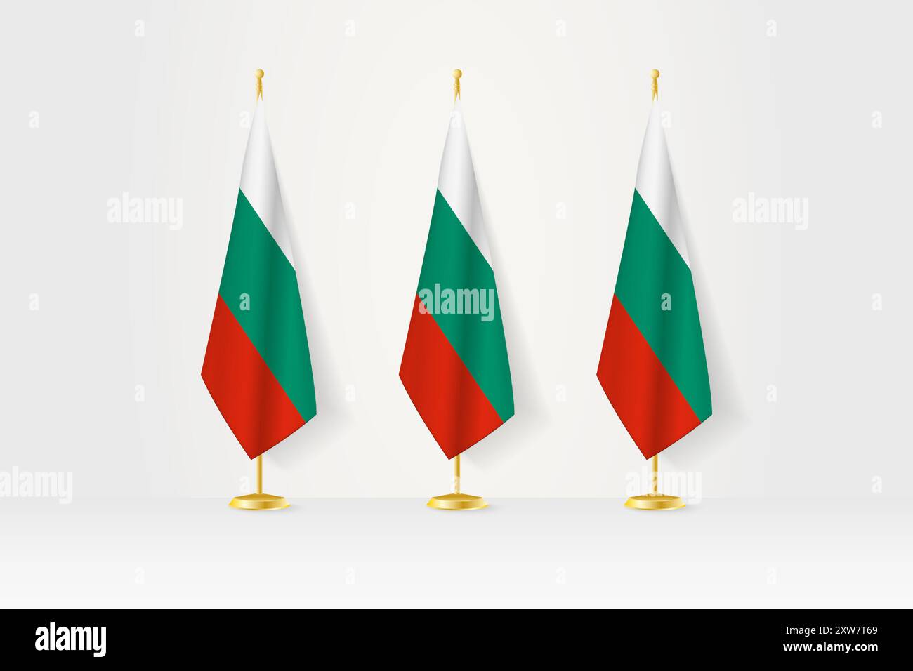 Three Bulgaria flags in a row on a golden stand, illustration of press ...