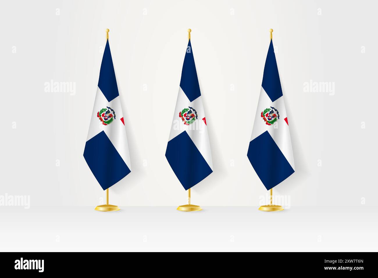 Three Dominican Republic flags in a row on a golden stand, illustration ...
