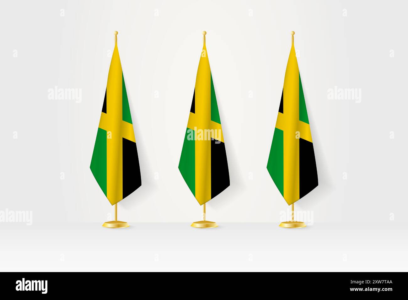 Three Jamaica flags in a row on a golden stand, illustration of press ...