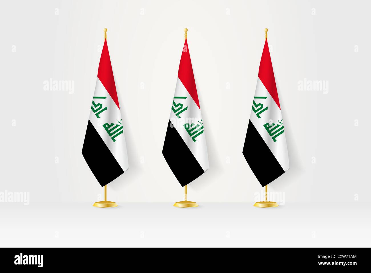 Three Iraq flags in a row on a golden stand, illustration of press ...