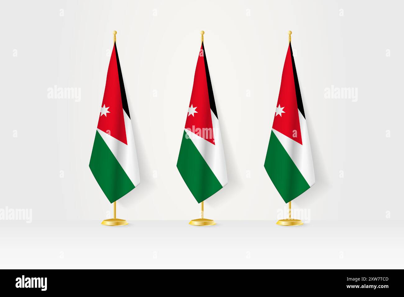 Three Jordan flags in a row on a golden stand, illustration of press ...