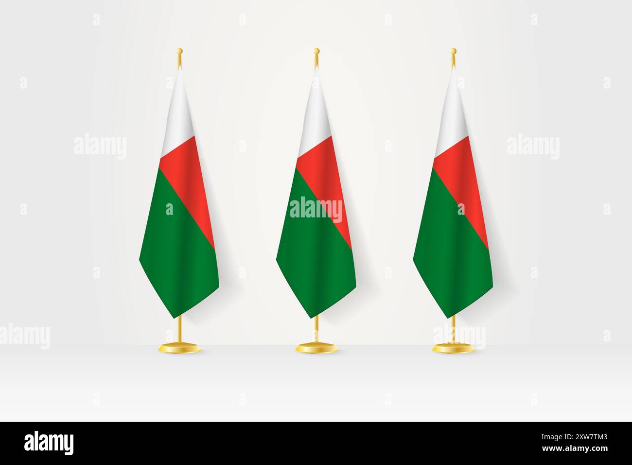 Three Madagascar flags in a row on a golden stand, illustration of ...