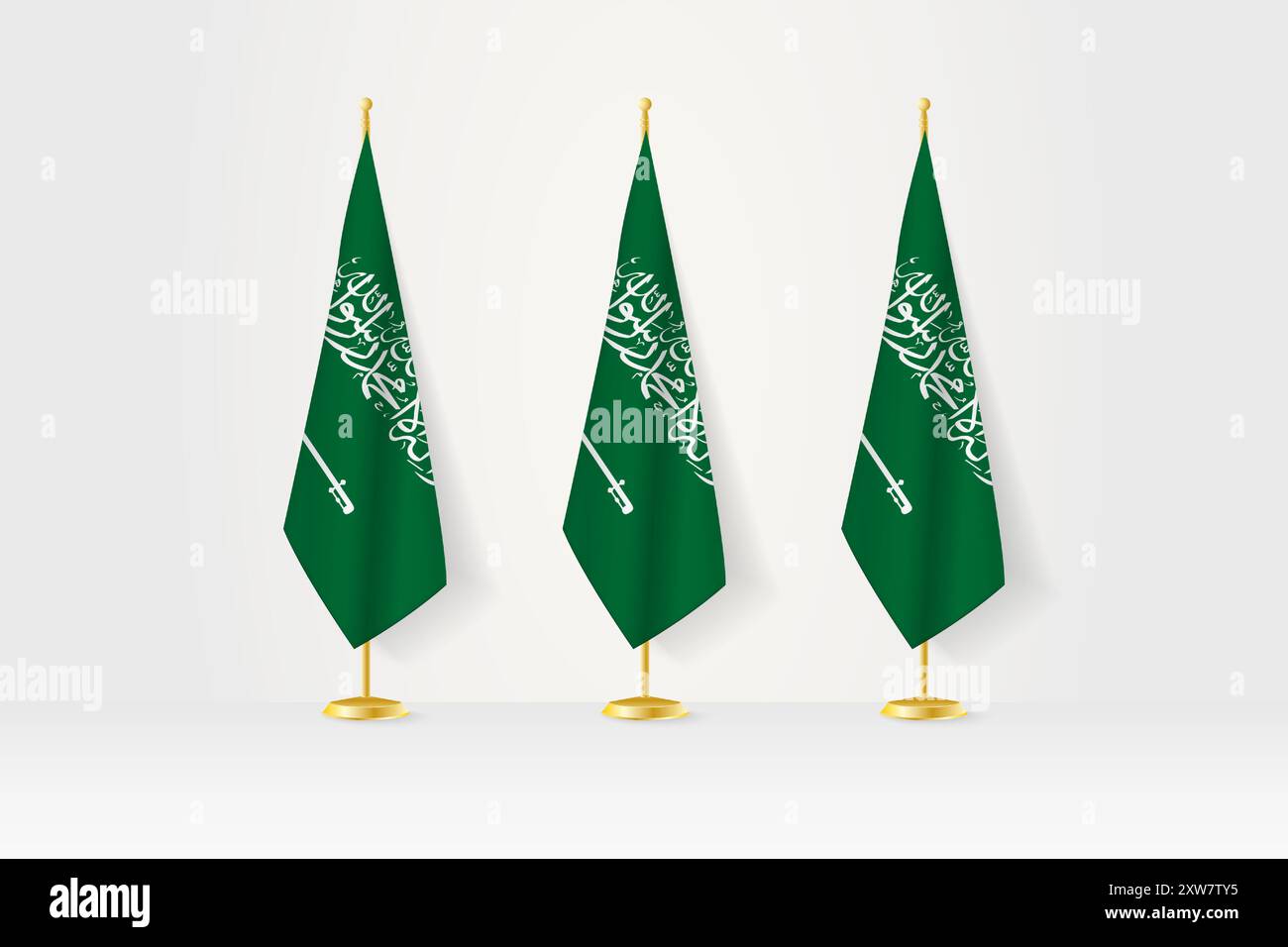 Three Saudi Arabia flags in a row on a golden stand, illustration of ...
