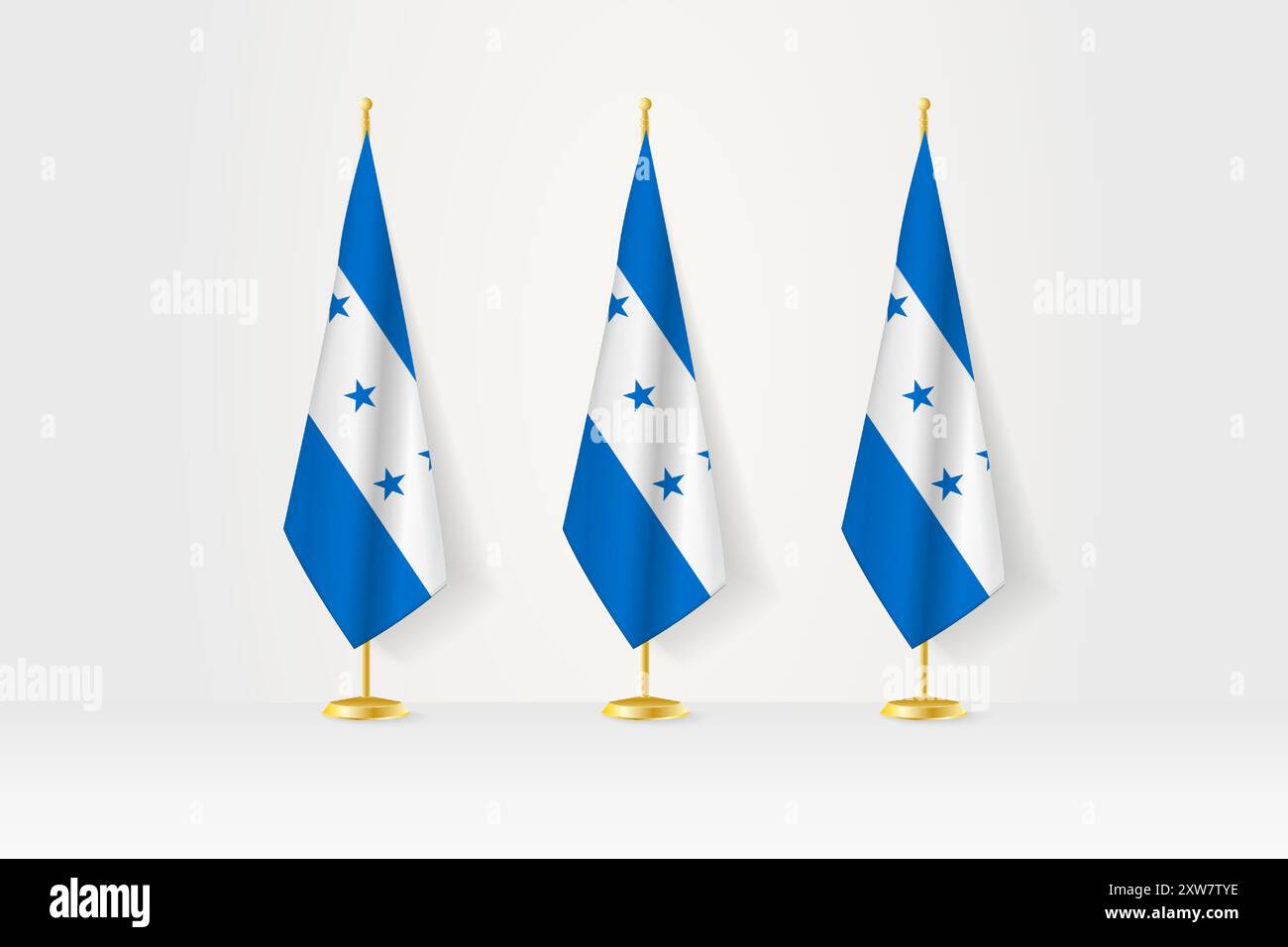 Three Honduras flags in a row on a golden stand, illustration of press ...