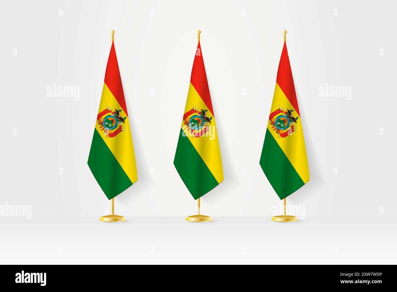 Three Bolivia flags in a row on a golden stand, illustration of press ...