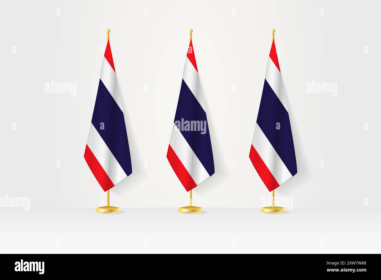 Three Thailand flags in a row on a golden stand, illustration of press ...