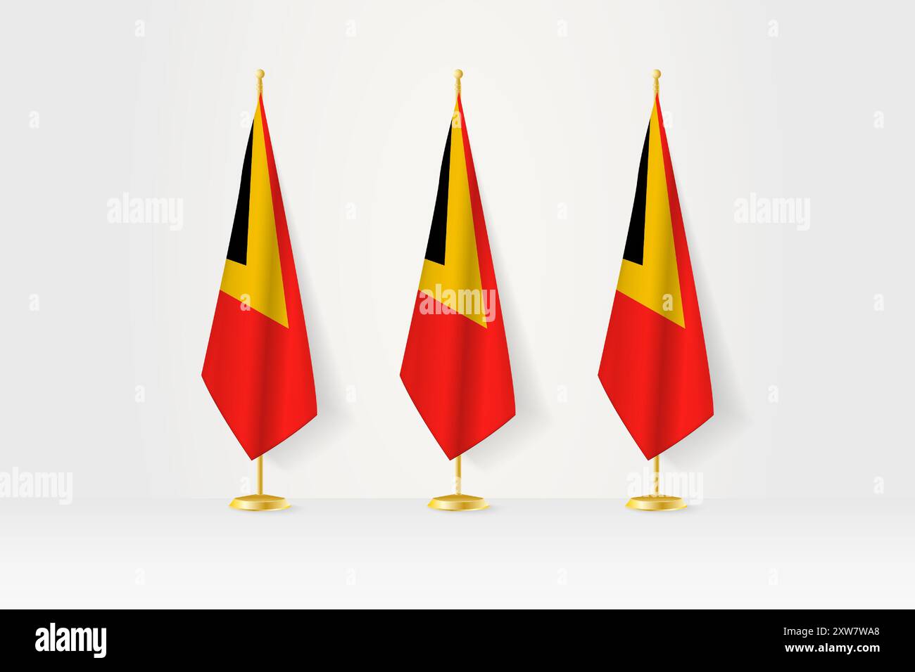 Three East Timor flags in a row on a golden stand, illustration of ...