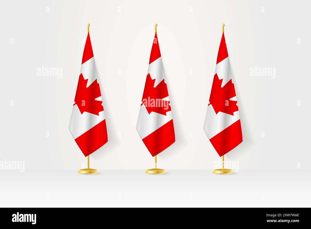 Three Canada flags in a row on a golden stand, illustration of press ...