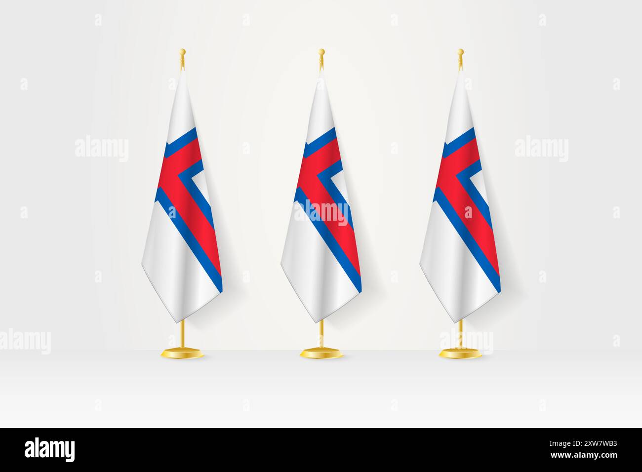Three Faroe Islands flags in a row on a golden stand, illustration of ...