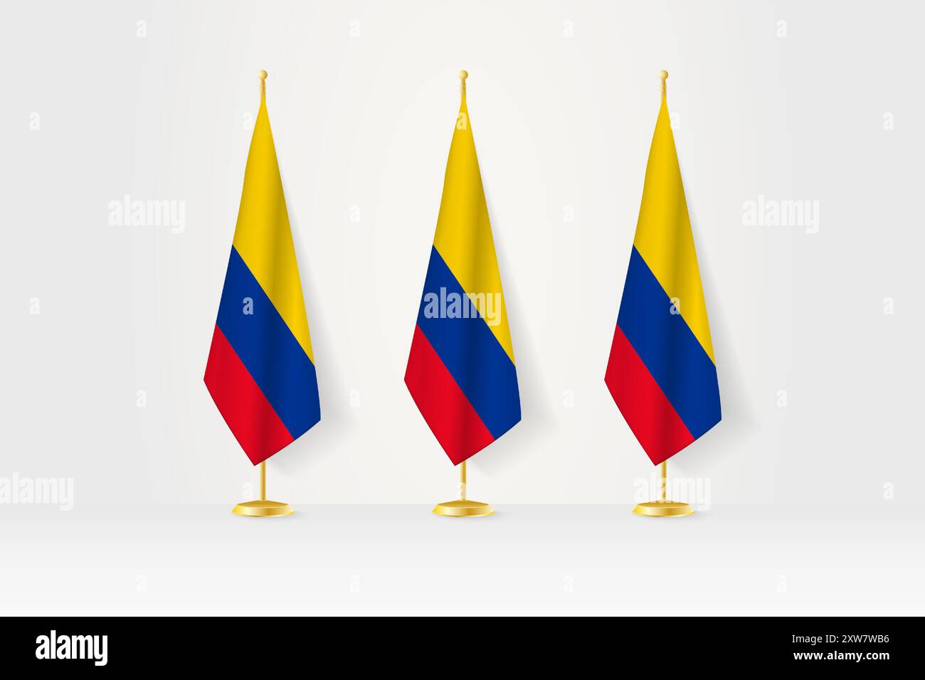 Three Colombia flags in a row on a golden stand, illustration of press ...