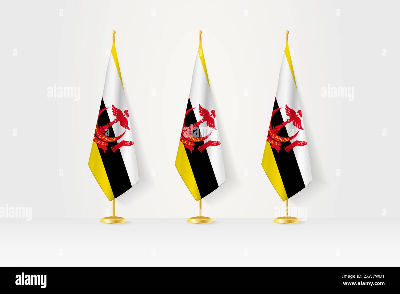 Three Brunei flags in a row on a golden stand, illustration of press ...