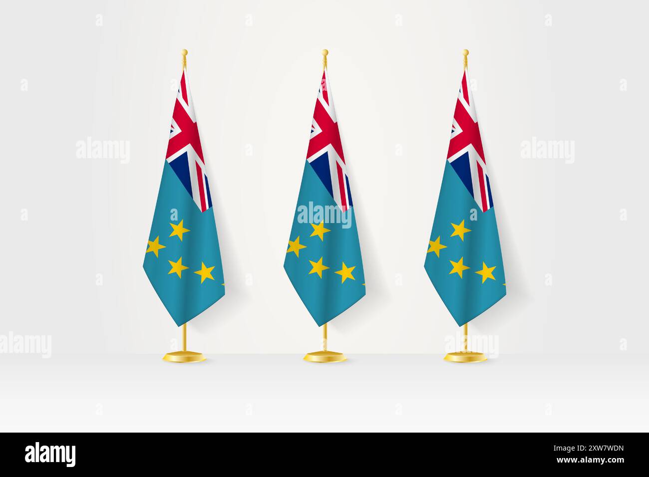 Three Tuvalu flags in a row on a golden stand, illustration of press ...