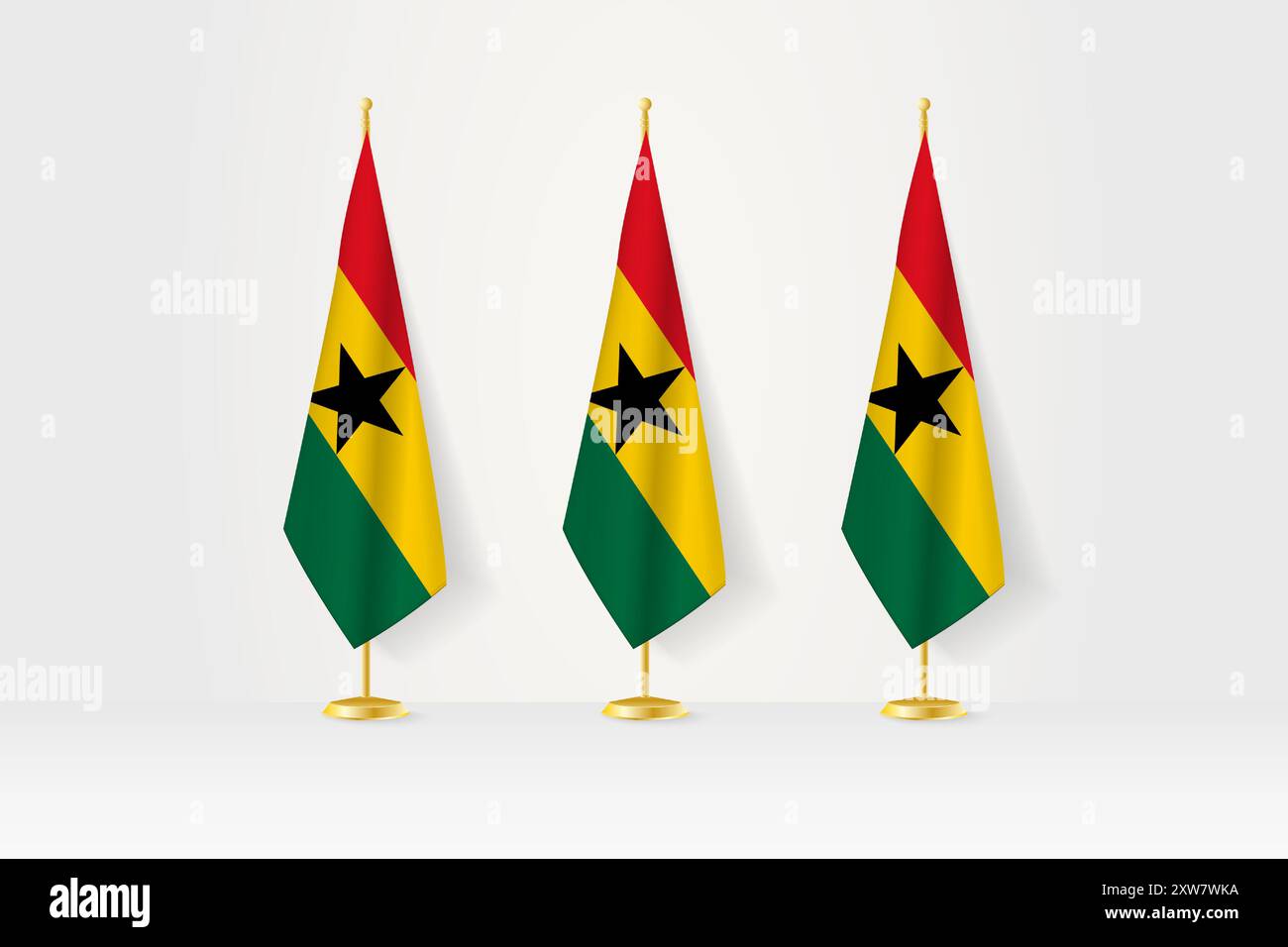 Three Ghana flags in a row on a golden stand, illustration of press ...