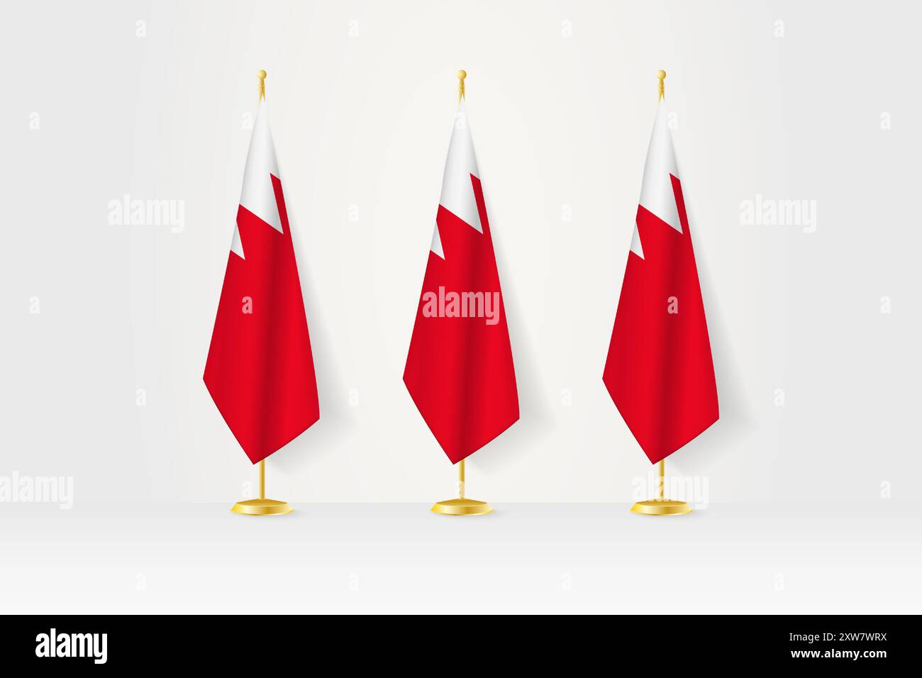 Three Bahrain flags in a row on a golden stand, illustration of press ...