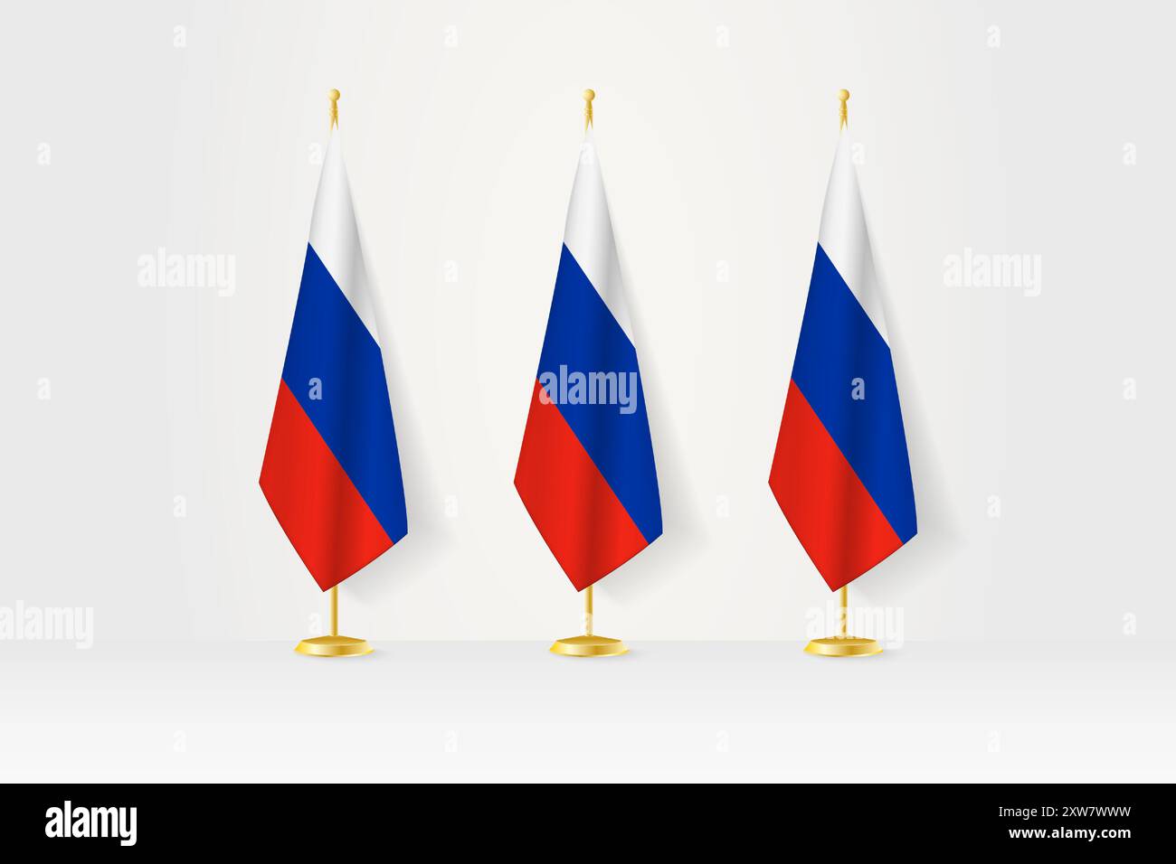 Three Russia flags in a row on a golden stand, illustration of press ...
