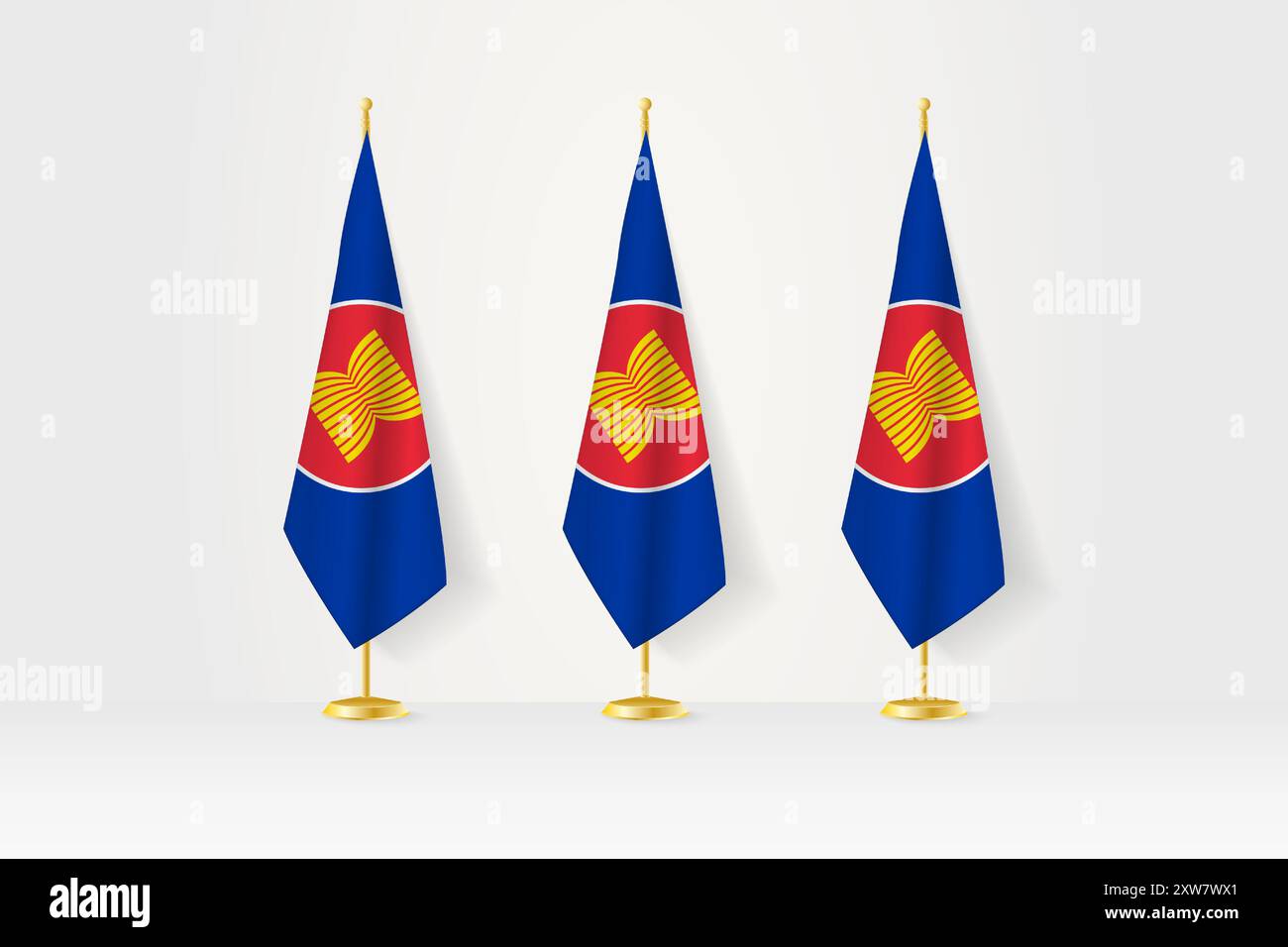 Three ASEAN flags in a row on a golden stand, illustration of press ...