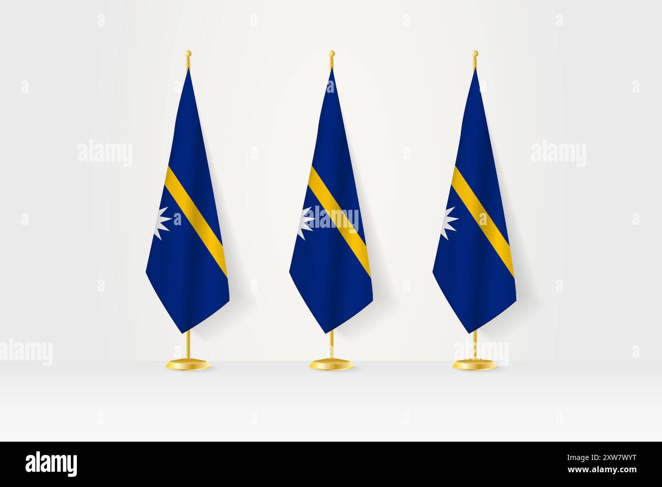 Three Nauru flags in a row on a golden stand, illustration of press ...