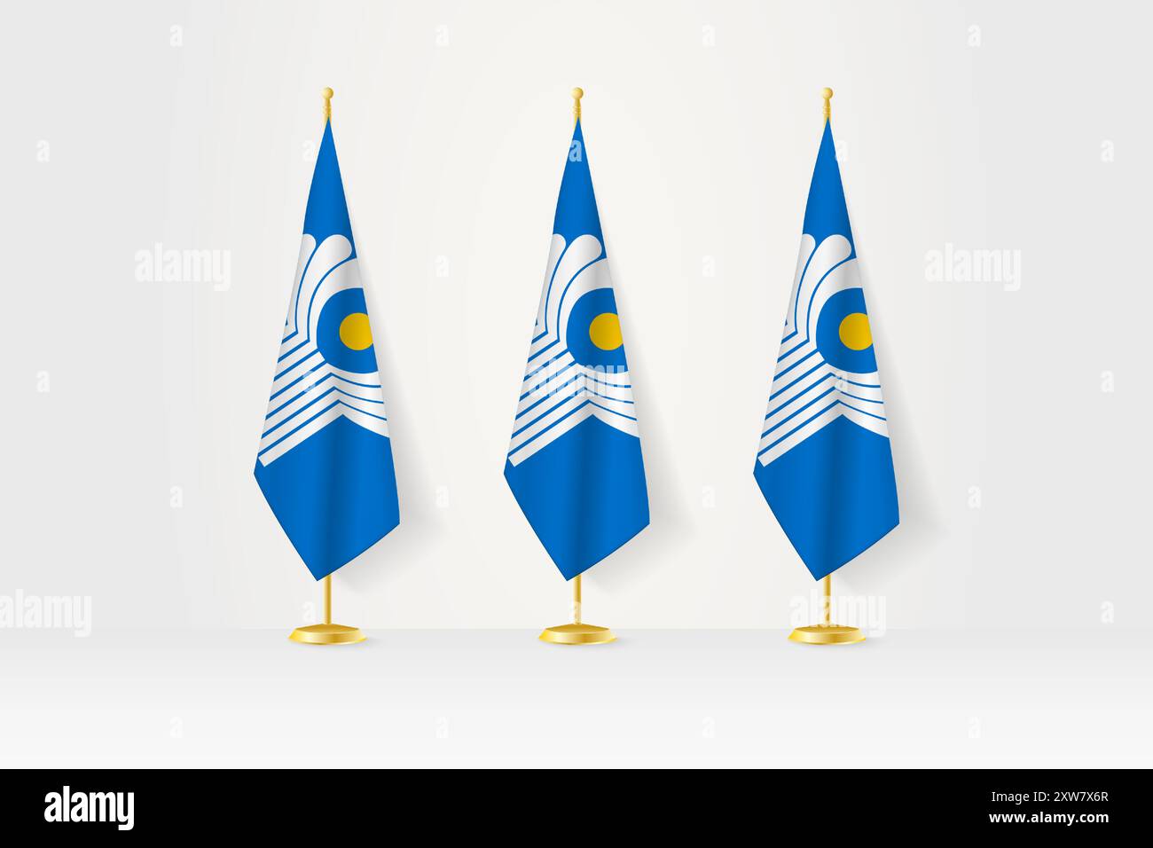 Three CIS flags in a row on a golden stand, illustration of press ...