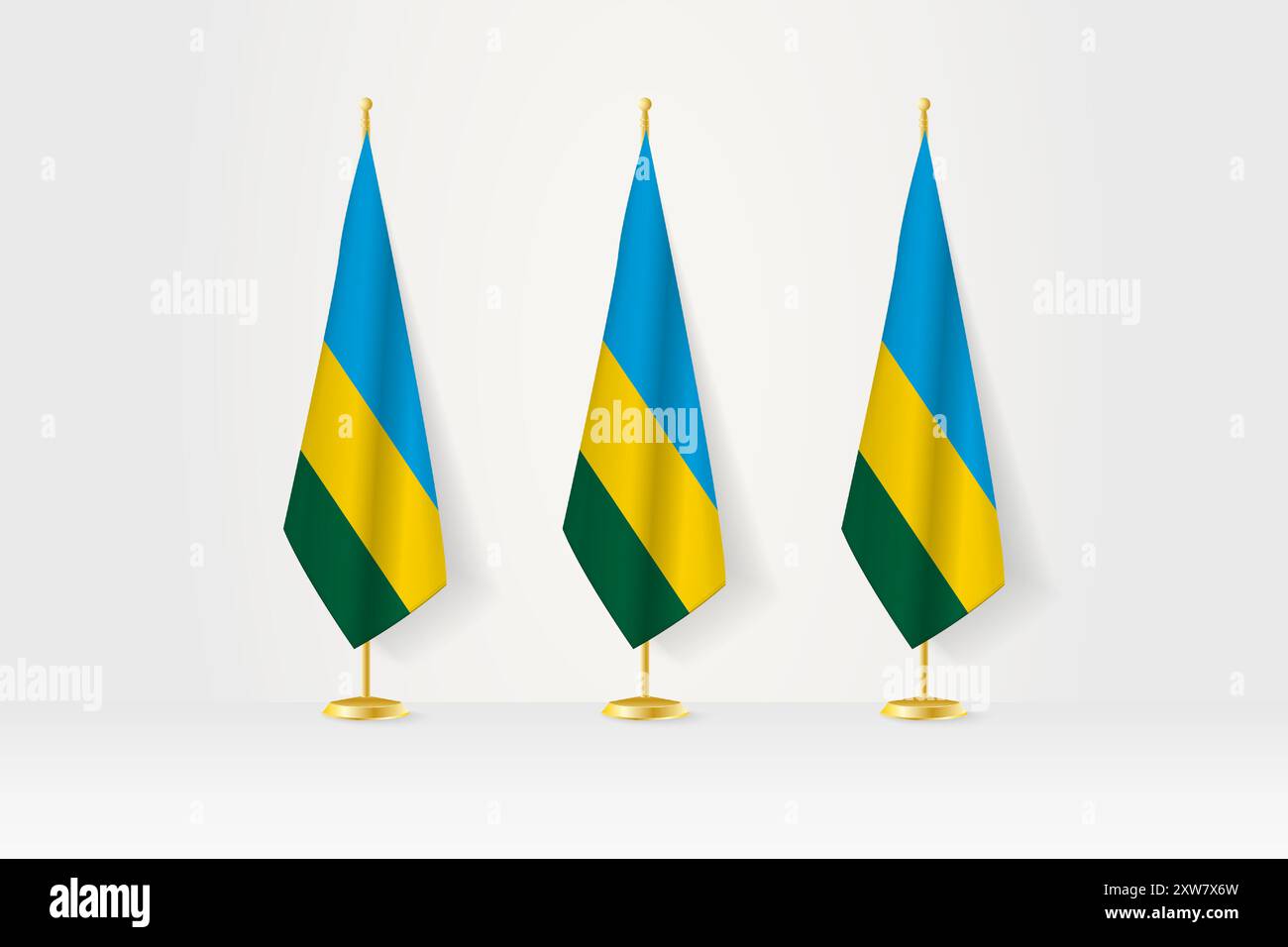 Three Rwanda flags in a row on a golden stand, illustration of press ...