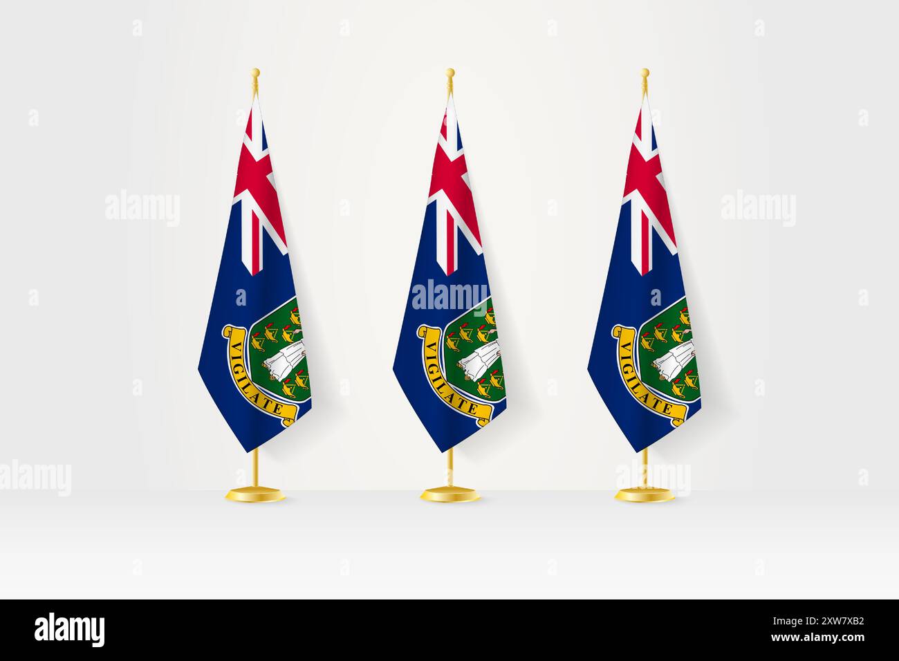 Three British Virgin Islands flags in a row on a golden stand ...